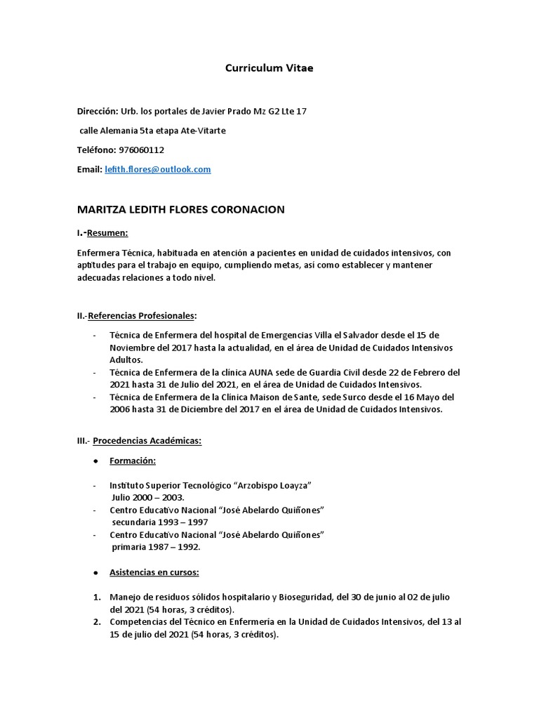 Curriculum Vitae Ledith Actual | PDF | Medicina de Cuidados Intensivos ...