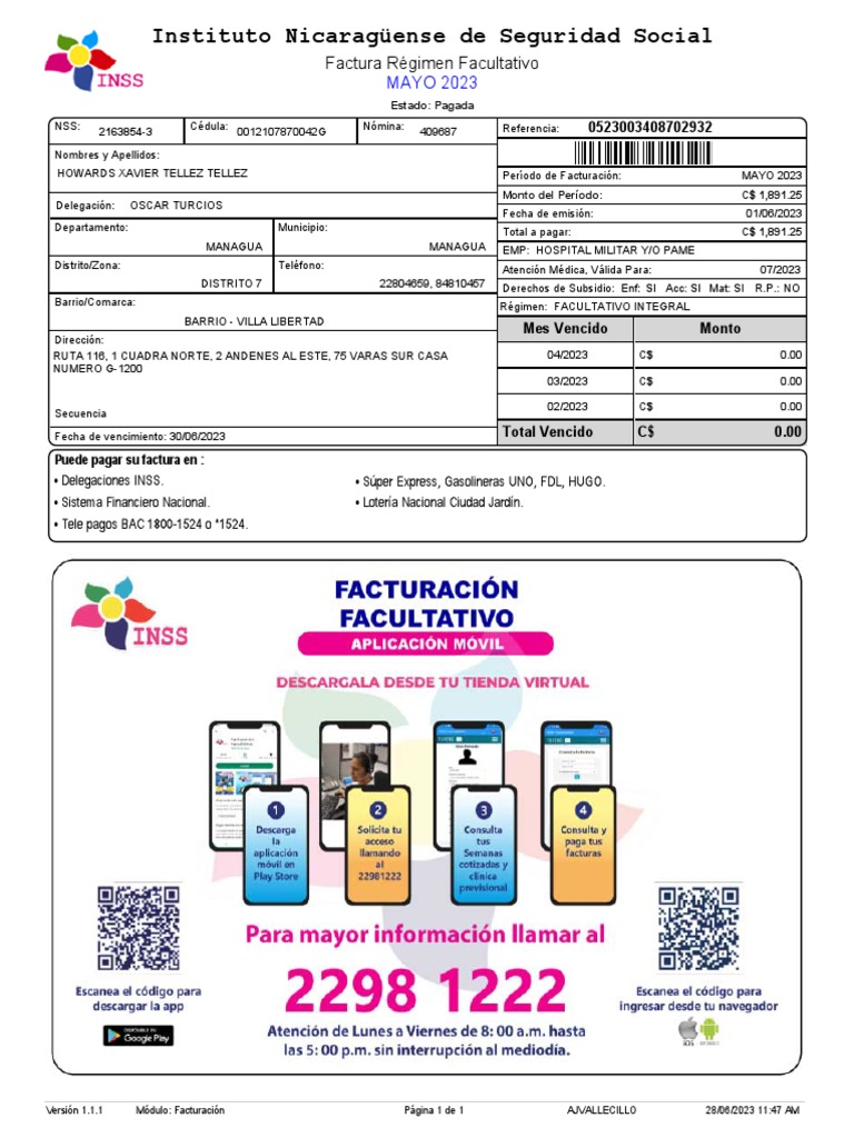 Instituto Nicaragüense de Seguridad Social: Factura Régimen Facultativo ...