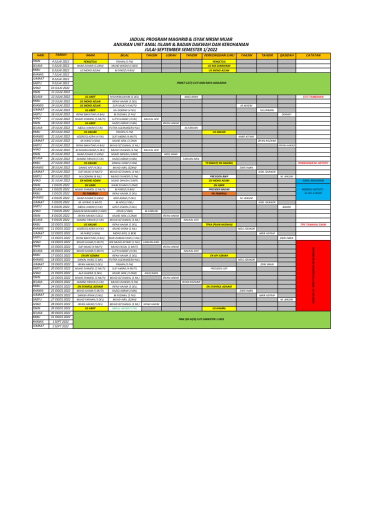 Jadual Program Maghrib - Isyak MRSM Muar Sem 1 2022 | PDF