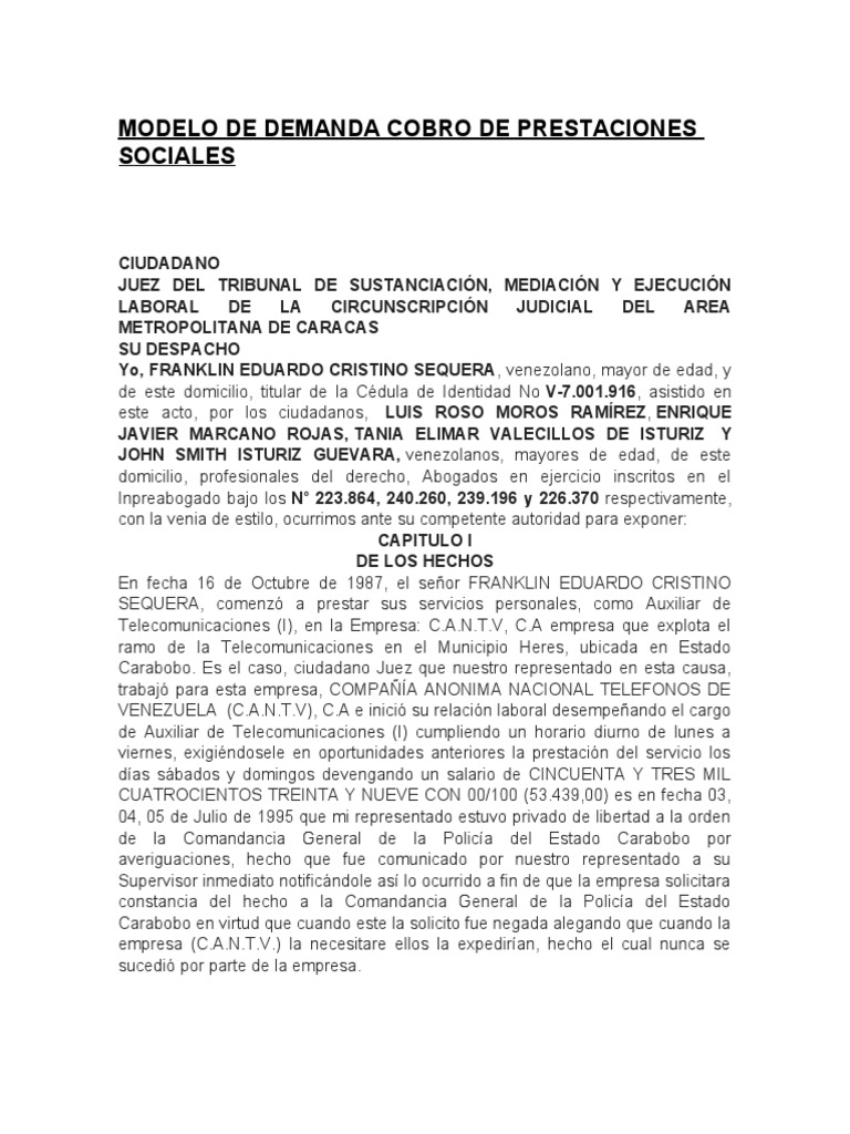 Modelo de Demanda Cobro de Prestaciones Sociales | PDF | Salario ...