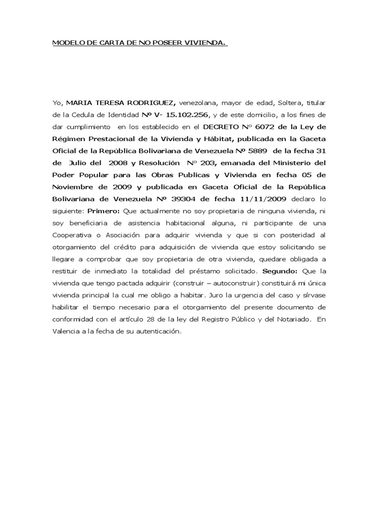 Modelo de Carta de No Poseer Vivienda. | PDF