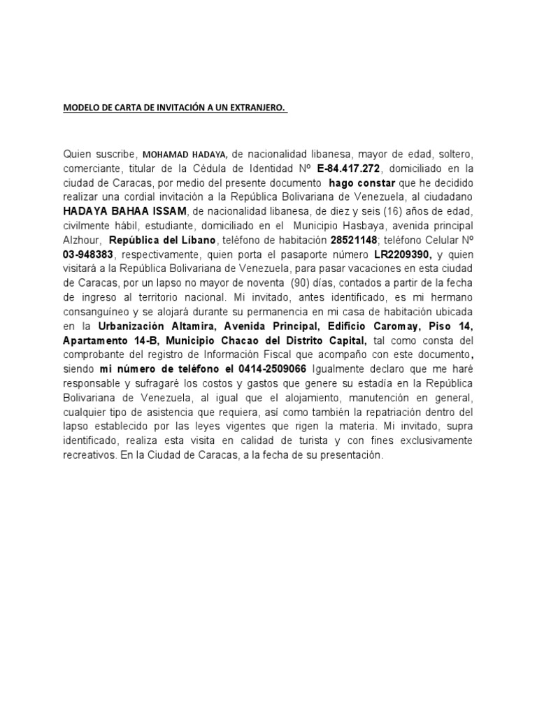 Modelo de Carta de Invitación A Un Extranjero. | PDF