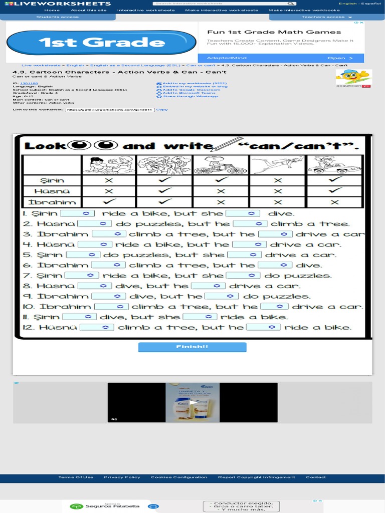 4.3. Cartoon Characters - Action Verbs & Can - Can't Online Worksheet | PDF