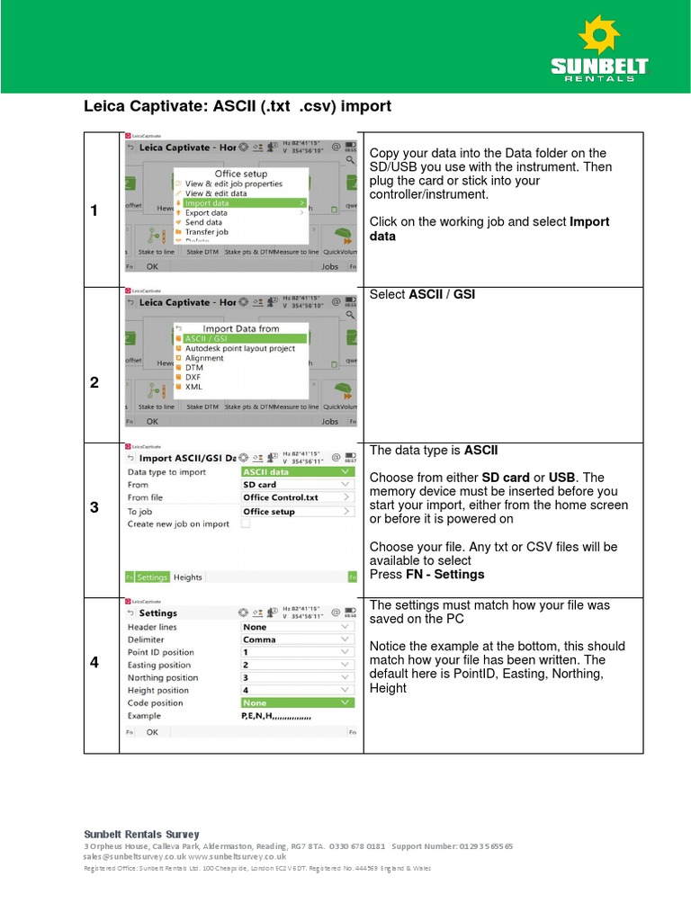 Sunbelt Quick Guide - Leica Captivate ASCII Text Import | PDF | Computer File | Text File