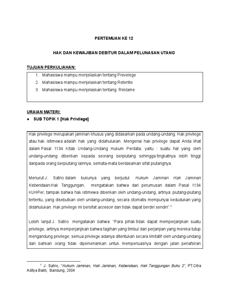 Hak Debitur: Privilege dan Retensi | PDF