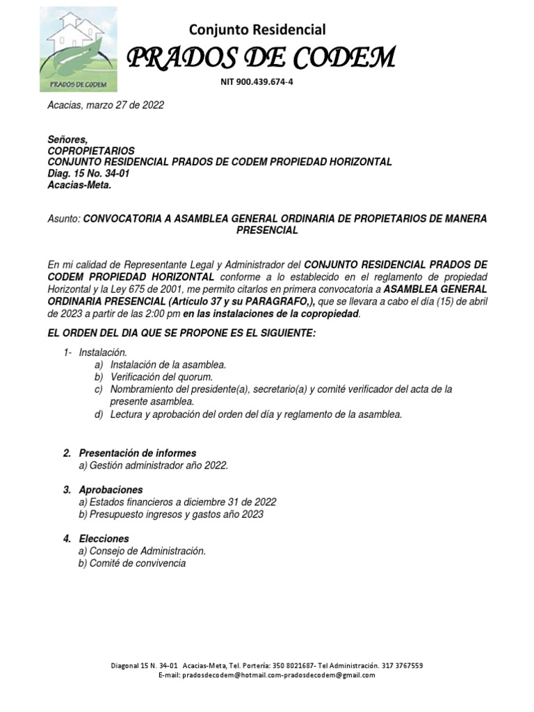 Convocatoria Asamblea Prados de Codem | PDF | Condominio | Contabilidad