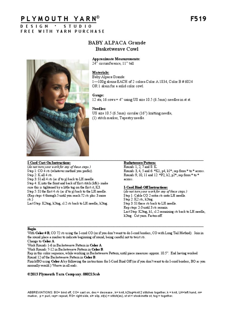 F519 Baby Alpaca Grande Basketweave Cowl | PDF