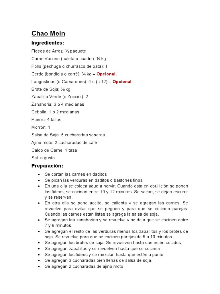 Receta de Chao Mein Casero | PDF | Estilo de vida
