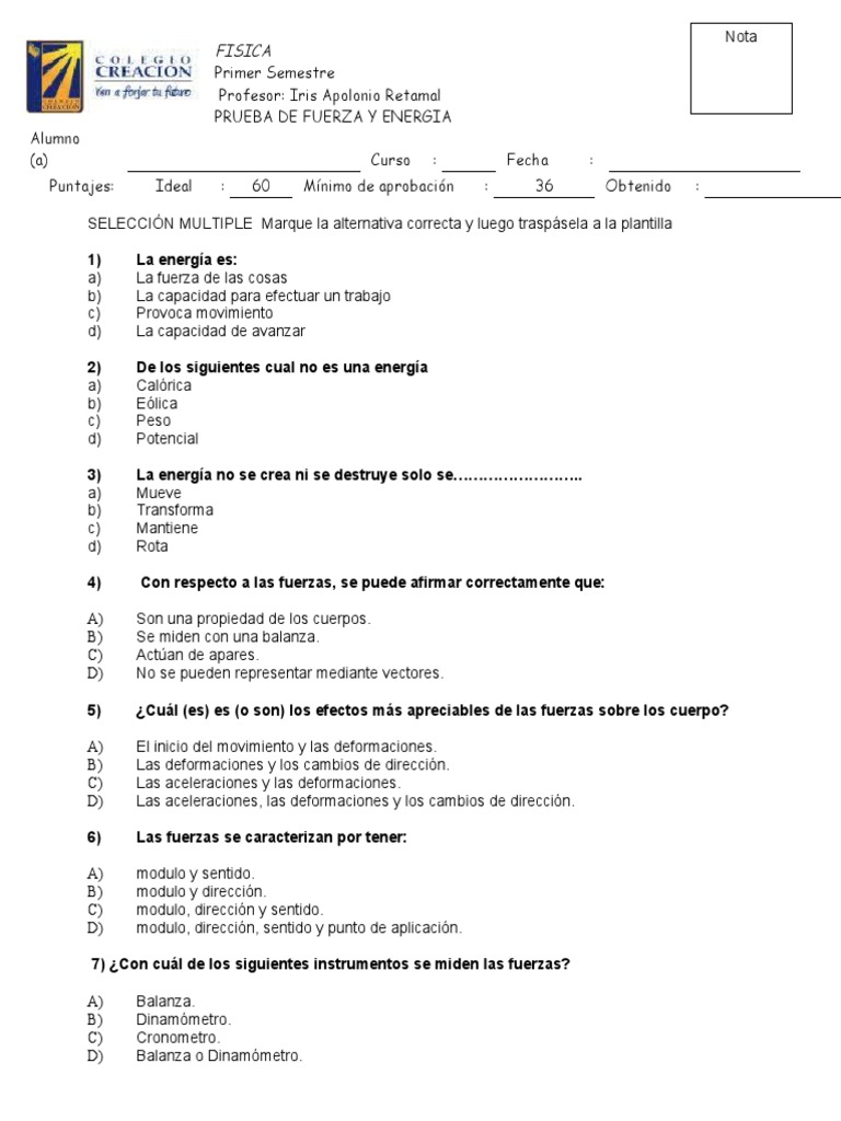 Prueba de Fuerza y Energía en Física | PDF | Fuerza | La energía nuclear