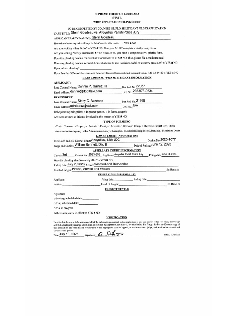 Writ Application - Goudeau V APPJ 7-10-2023 | PDF