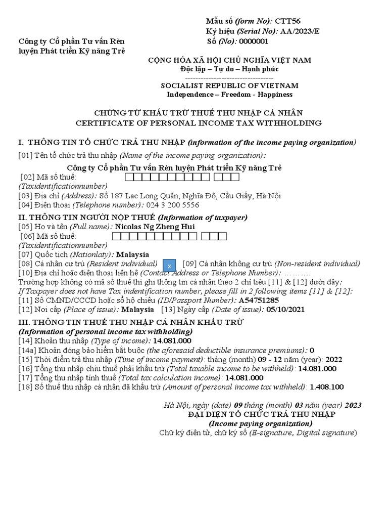 Mau Chung Tu Khau Tru Thue Thu Nhap CA Nhan | PDF