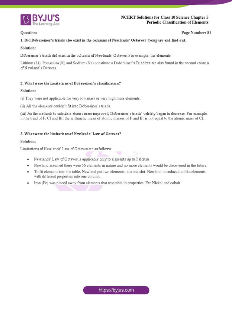 NCERT Solutions For Class 10 March 29 Science Chapter 5 Periodic Classification of Elements ...
