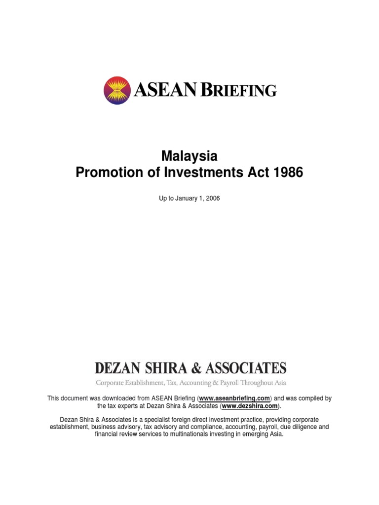 ASEAN Malaysia Promotion of Investments Act 1986 | PDF | Tax Exemption ...