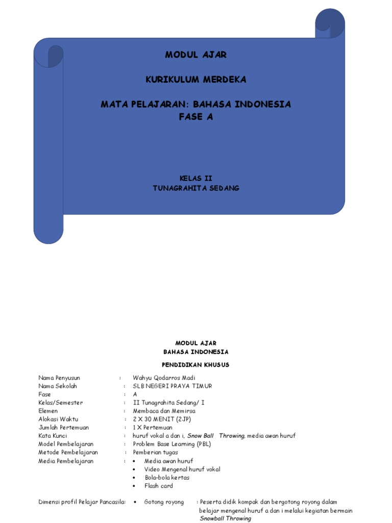 Modul Ajar Huruf Vokal A dan I | PDF