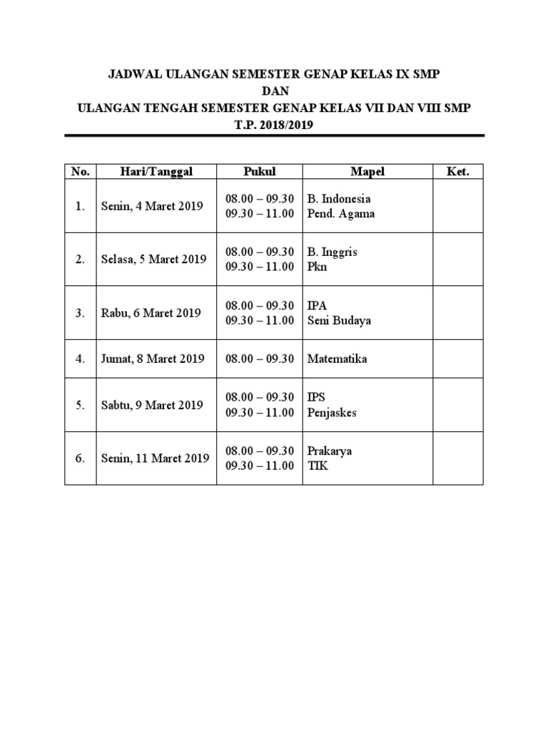 Jadwal Ulangan Tengah Semester Genap Kelas Ix SMP Dan Ulangan Tengah Semester Genap Kelas Vii ...