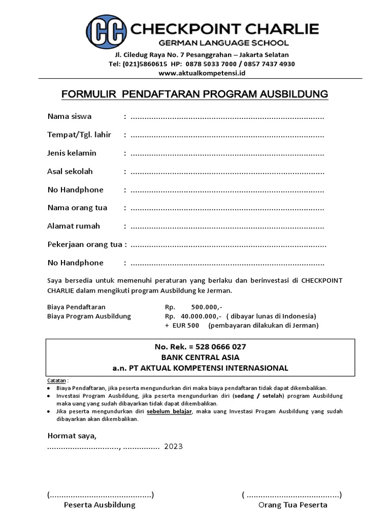 Form Pendaftaran & Skema Pembayaran Program Ausbildung Neu IV | PDF