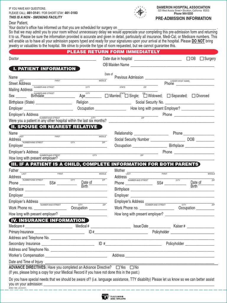 Hospital Admission Form | PDF | Hospital | Patient
