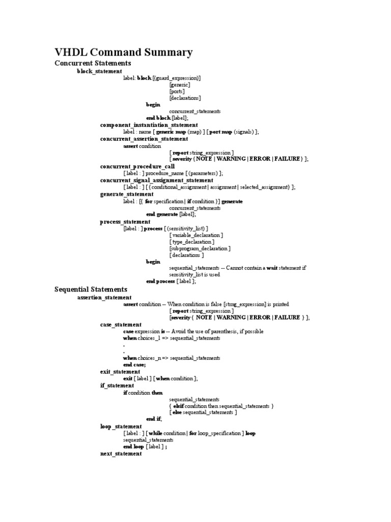 VHDL Command Summary | PDF | Parameter (Computer Programming) | Subroutine VHDL Command Summary | PDF | Parameter (Computer Programming) | Subroutine