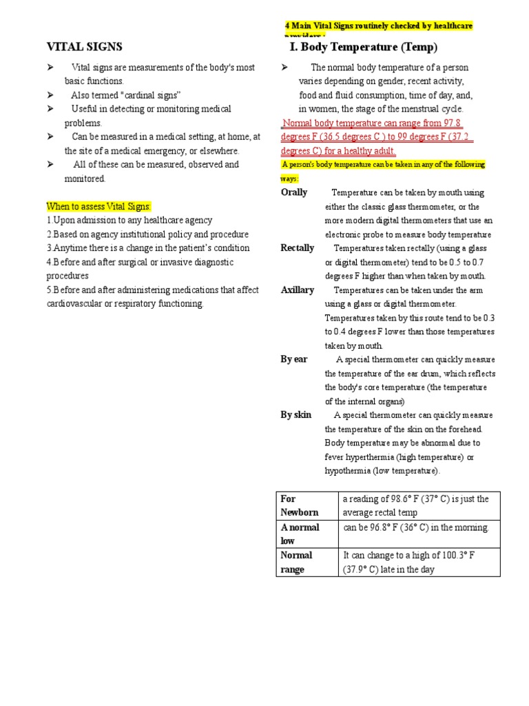 Vital Signs Handouts | PDF | Pulse | Blood Pressure