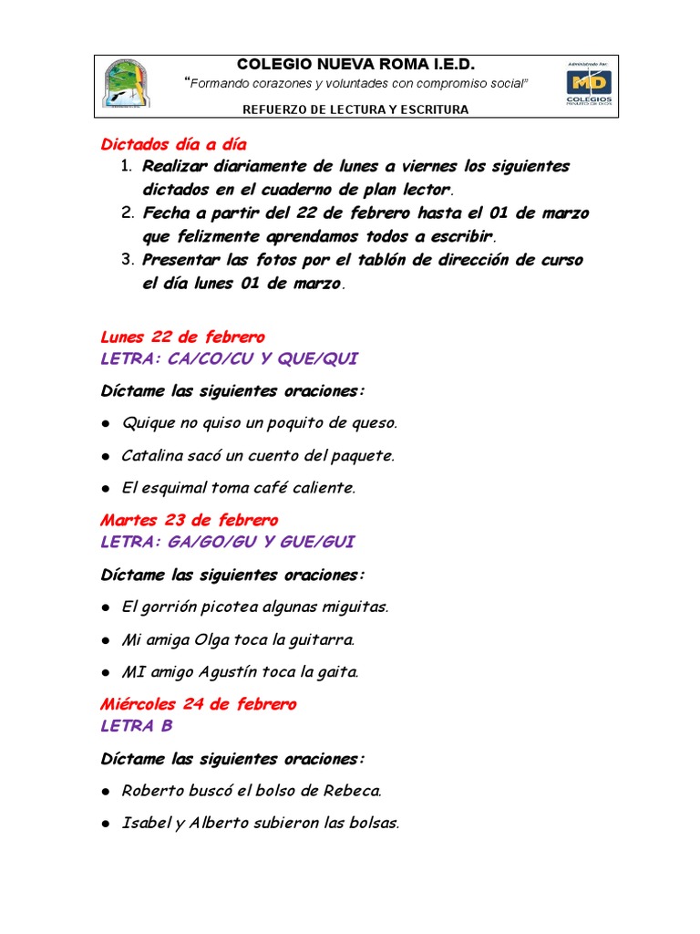 Refuerzo de Lectura y Escritura Dictados Parte 1 | PDF