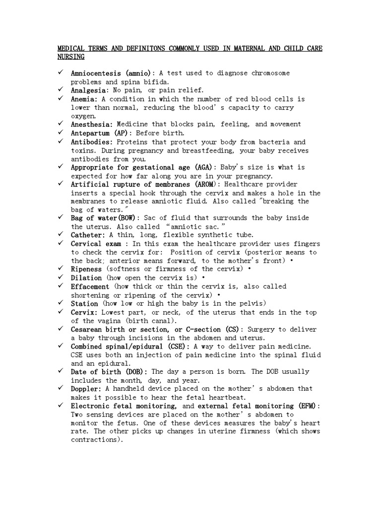 Medical Terms and Definitons Commonly Used in MCN | PDF | Childbirth ...