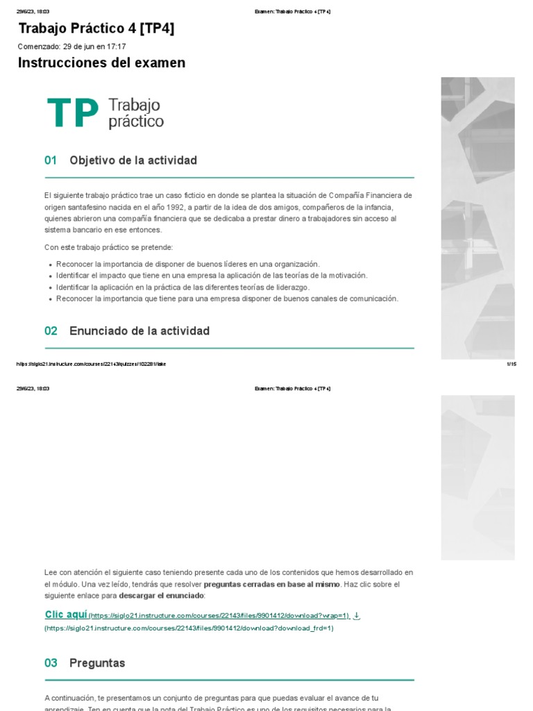 Examen - Trabajo Práctico 4 (TP4) 100% | PDF | Liderazgo | Motivacional