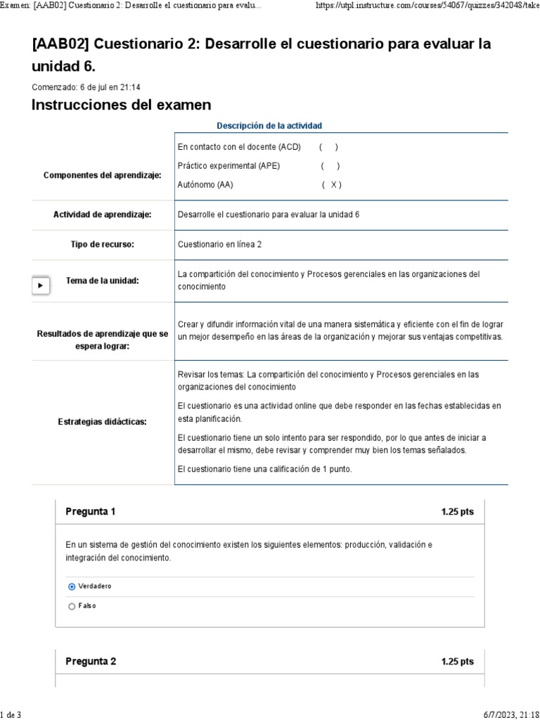 Examen [AAB02] Cuestionario 2 Desarrolle el cuestionario para evaluar la unidad 6. | PDF ...
