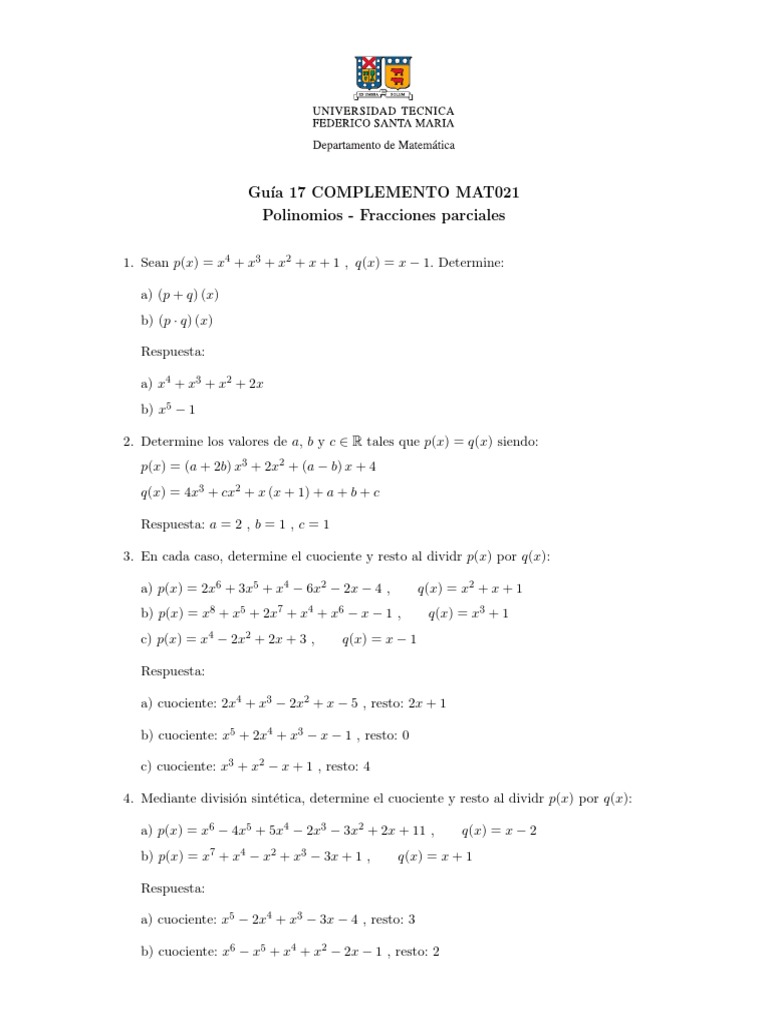 Guia 17 Complemento Mat021 Polinomios | PDF | Análisis matemático | Álgebra abstracta
