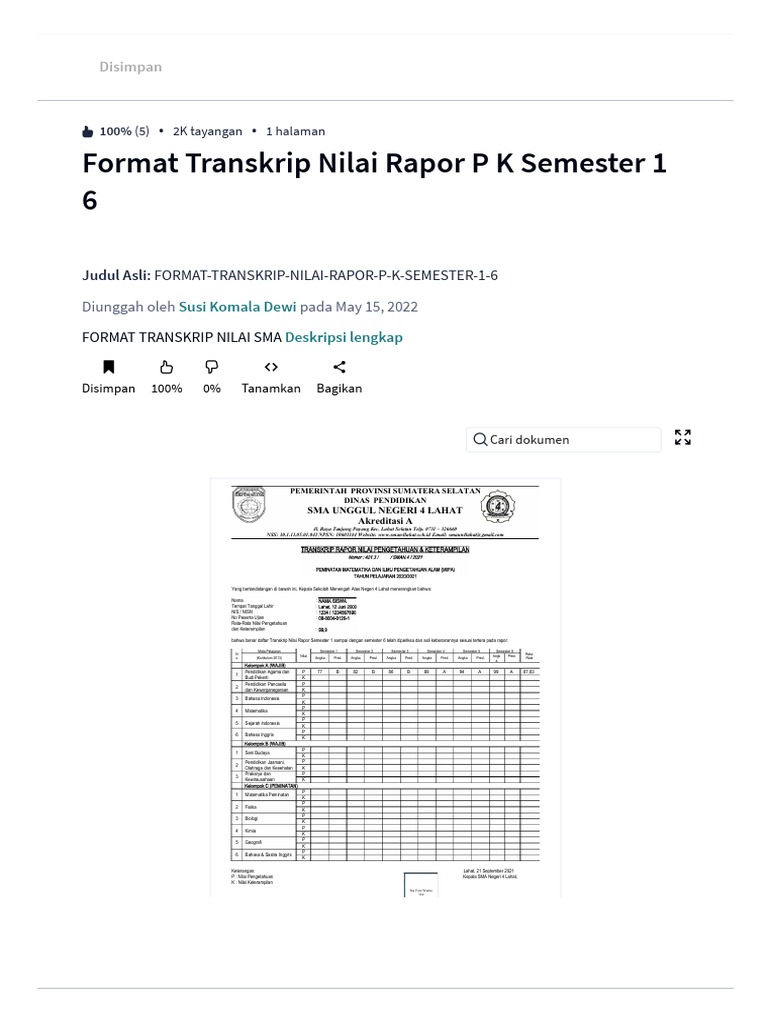 Format Transkrip Nilai Rapor P K Semester 1 6 - PDF | PDF