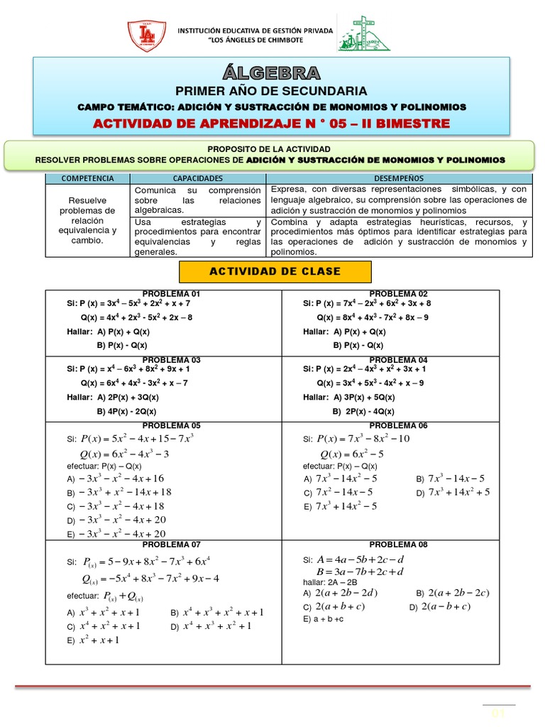 Actividad de Aprendizaje #05 de Álgebra - Ii - Bimestre - Adición y Sustracción de Monomios y ...