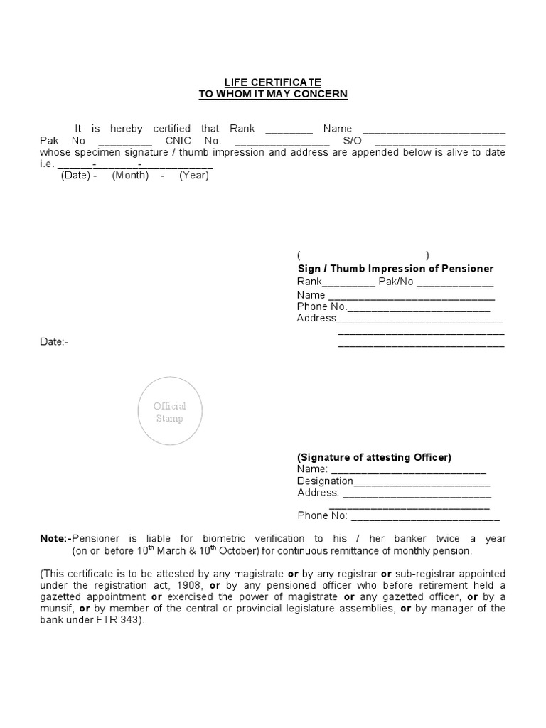 Life Certificate for Pensioners in Pakistan | PDF
