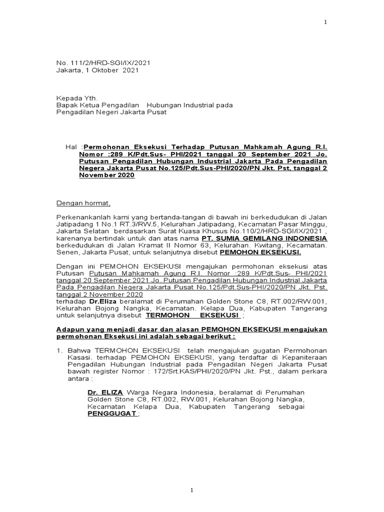 contoh permohonan eksekusi | PDF