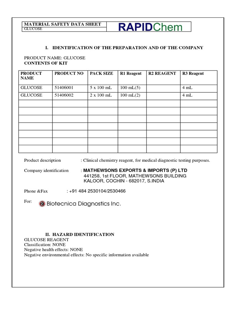 Glucose MSDS for Diagnostic Reagents | PDF