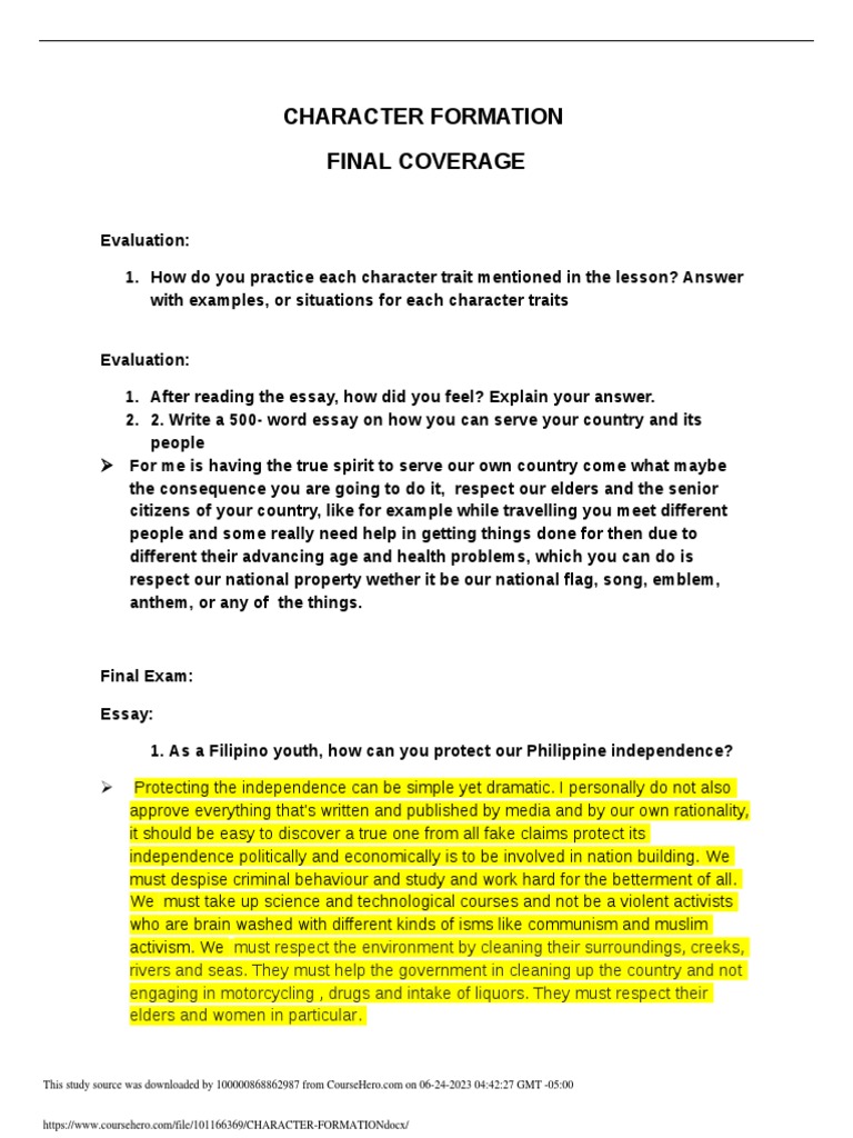 Character Formation for Nation Building | PDF | Social Science | Wellness
