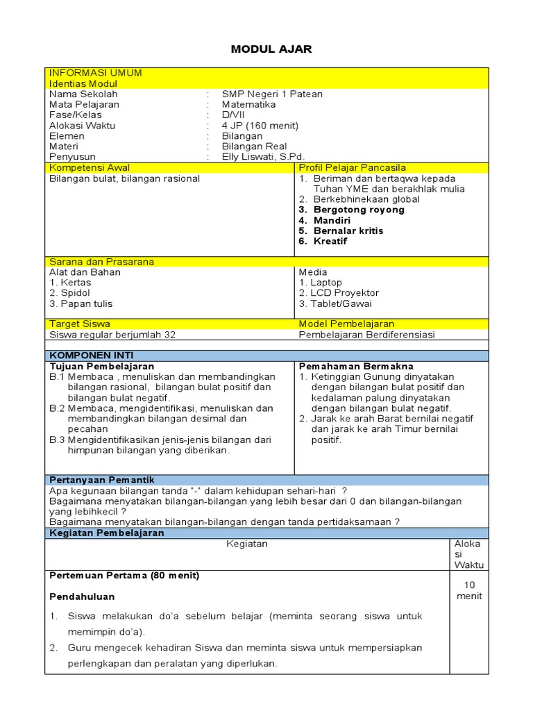 Modul Ajar Bilangan Real Kelas 7 | PDF