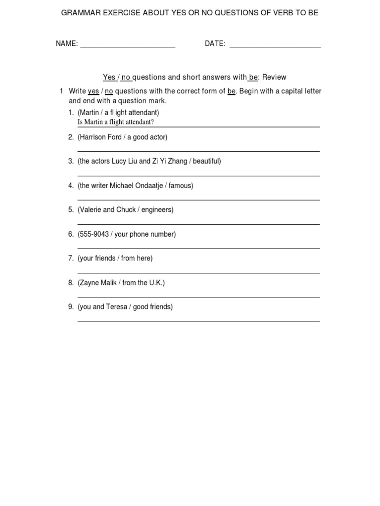 GRAMMAR EXERCISE ABOUT YES or NO QUESTIONS OF VERB TO BE | PDF