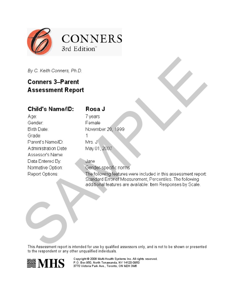Conners 3 Parent Assessment Report | Download Free PDF | Diagnostic And ...