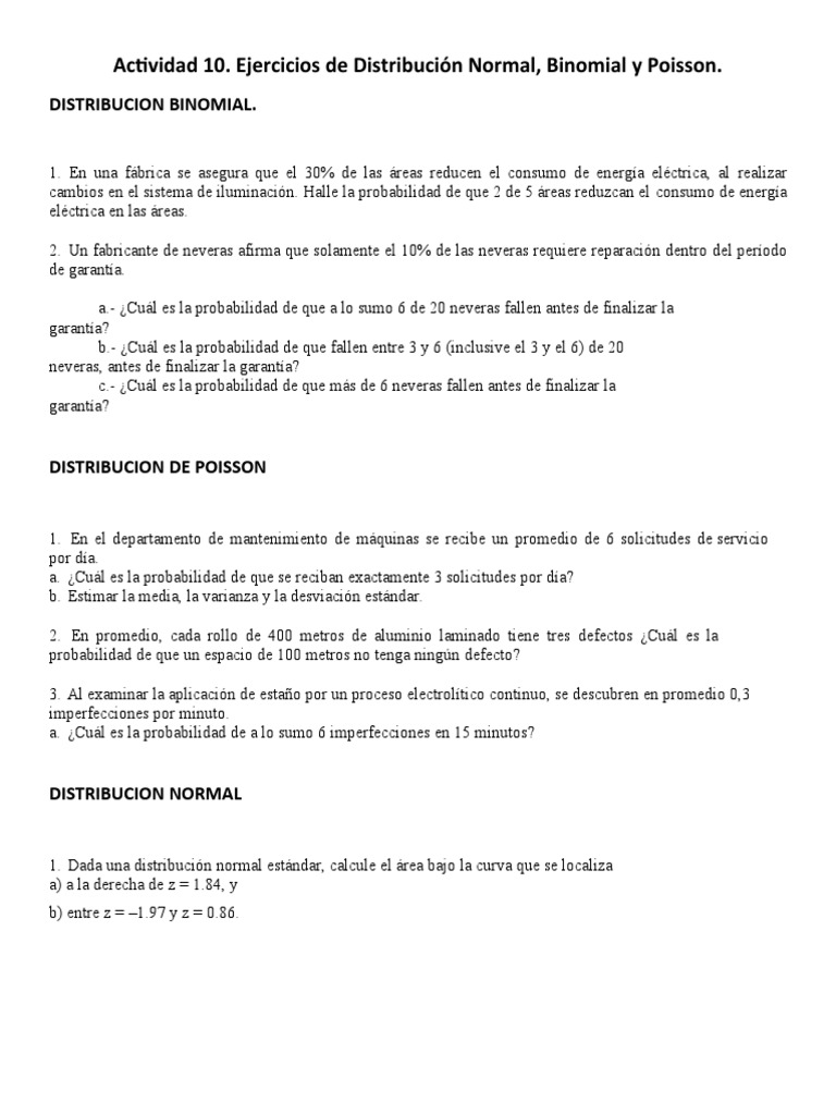 Actividad 10. Ejercicios Distribución Normal, Binomial y Poisson | PDF