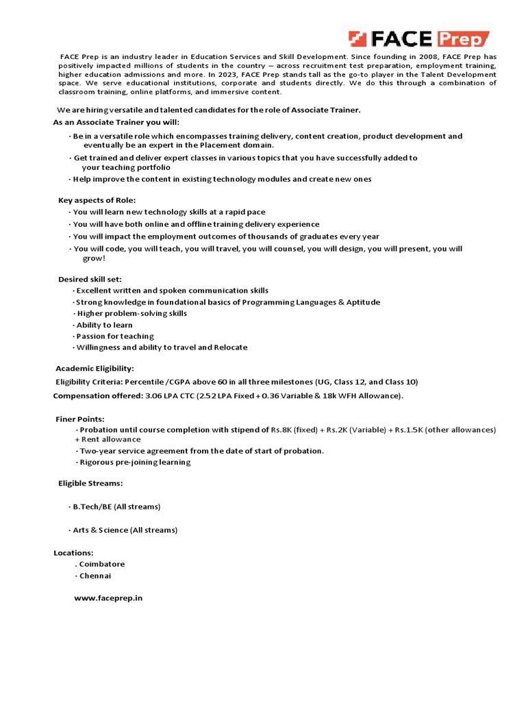 FACE Prep - Associate Trainer - JD - 23 | PDF | Career & Growth