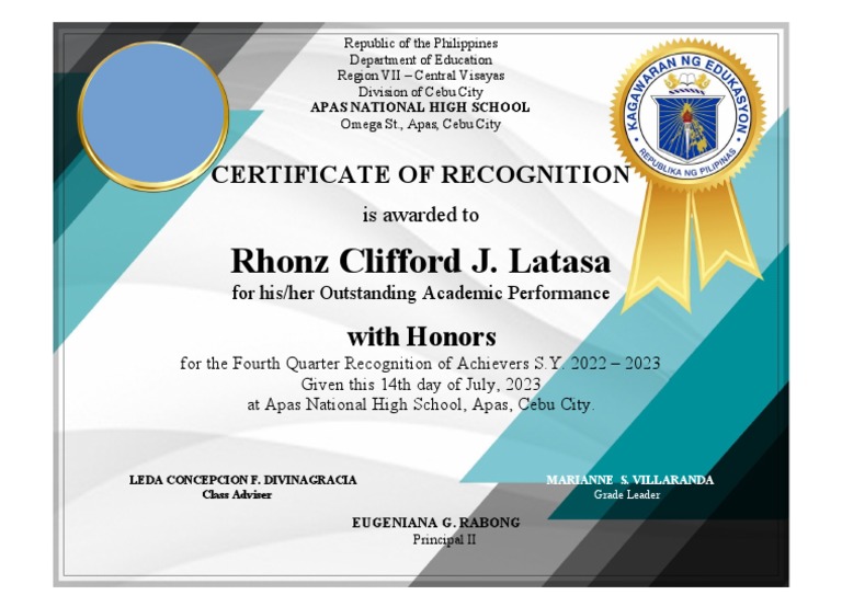 Class 8 Certificate of Recognition | PDF