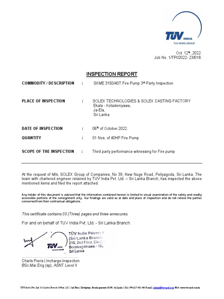 SXME 3150 - 40T Fire Pump Report | PDF | Calibration | Electrical ...