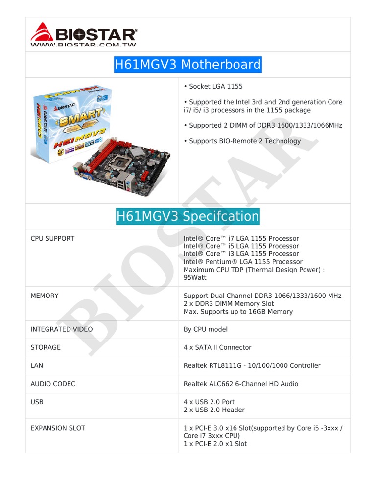 Biostar H61MGV3 Spec | PDF | Intel | Computer Engineering