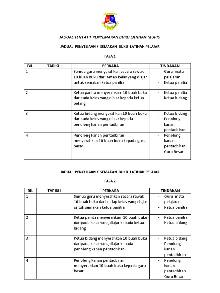 Jadual Semakan Buku Latihan Murid Docx - 122425 | PDF