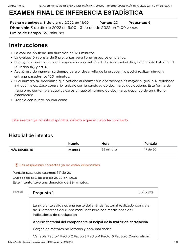 Examen Final de Inferencia Estadística - 281209 - Inferencia Estadística - 2022-02 - Fc ...