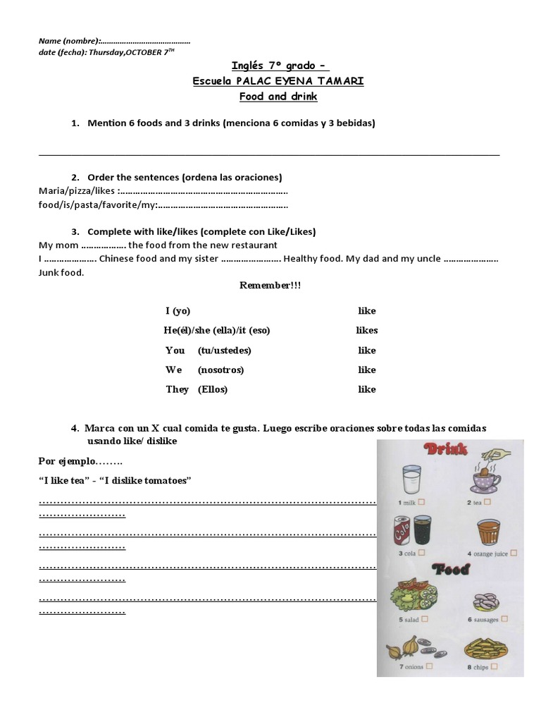 Actividades de Inglés: Comida y Bebidas | PDF | Artes del Lenguaje y ...