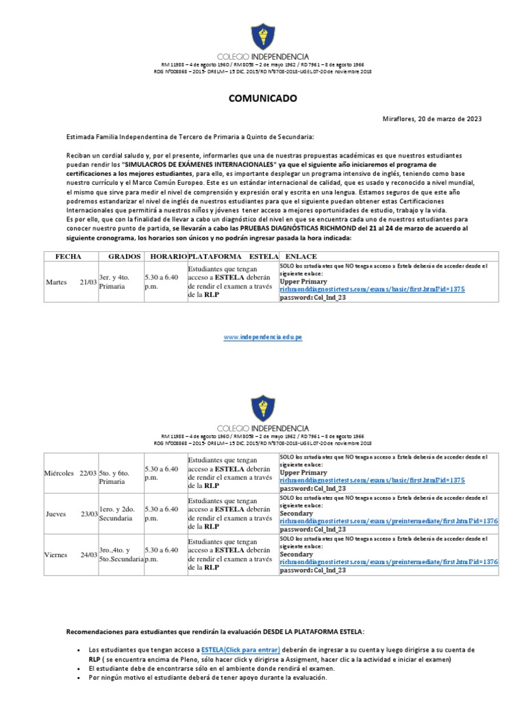 Formato de Comunicado Colegio | PDF