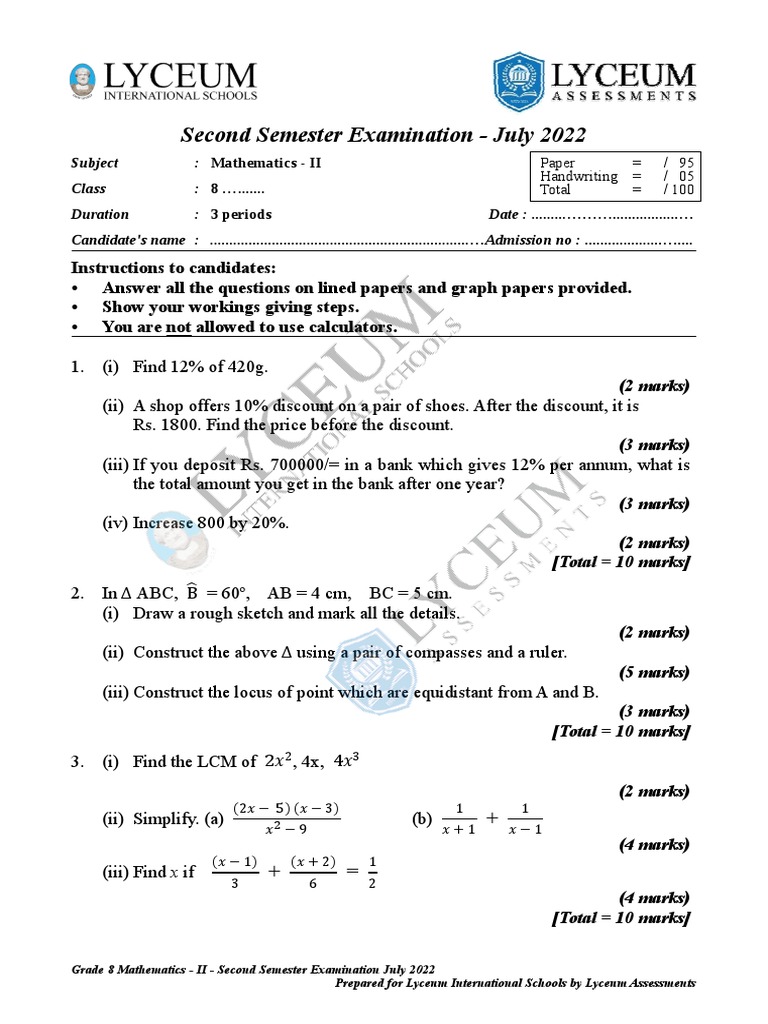 Grade 8 Mathematics - II | PDF | Gradient | Cartesian Coordinate System