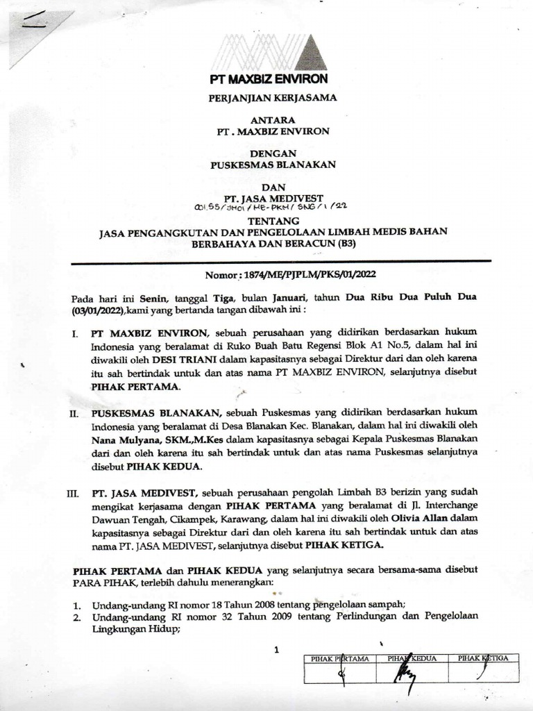 Perjanjian Kerjasama Limbah Medis Dan B3 | PDF