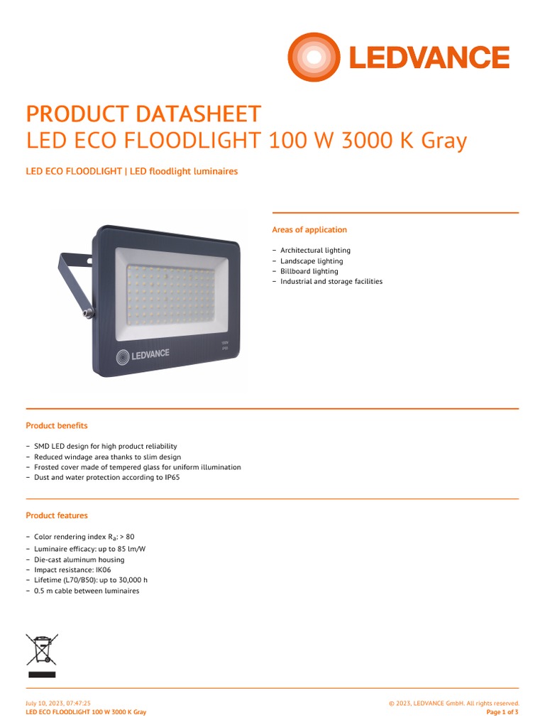 LED ECO FLOODLIGHT 100 W 3000 K Gray en | PDF | Lighting | Electrical Engineering