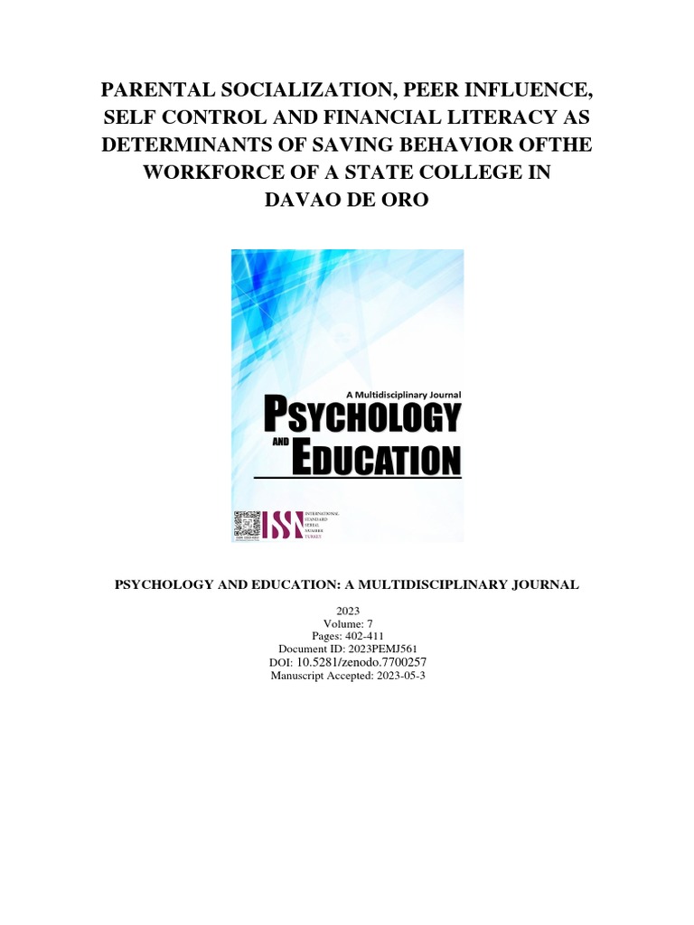 Parental Socialization, Peer Influence, Self Control and Financial Literacy As Determinants of ...